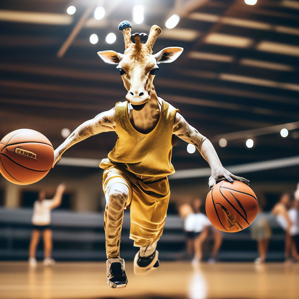 "Giraffe dressed in a T-shirt and nike shorts playing basketball in the ...