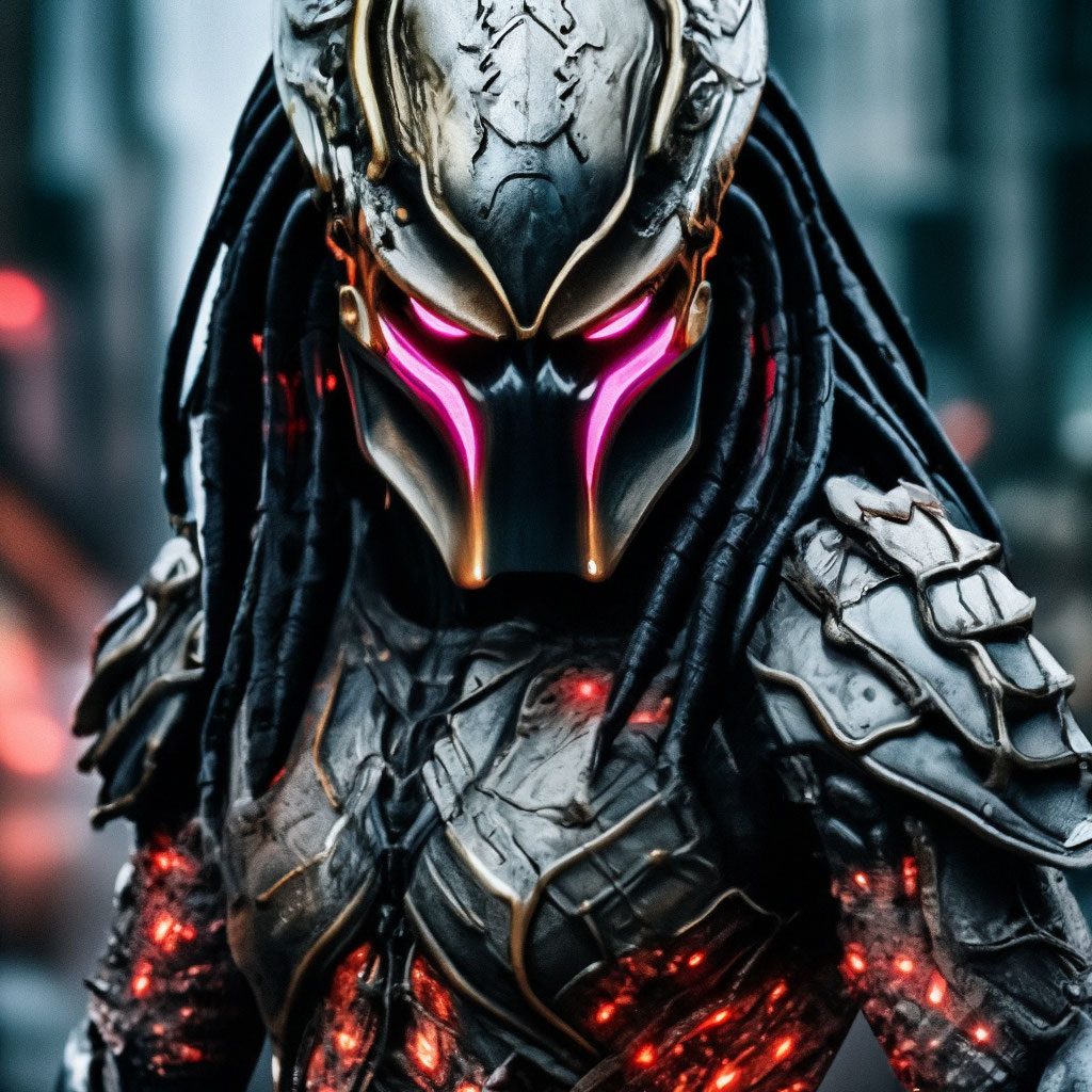 "Predator, masked, armored, harsh, gloomy, black eyes, neon streaks ...