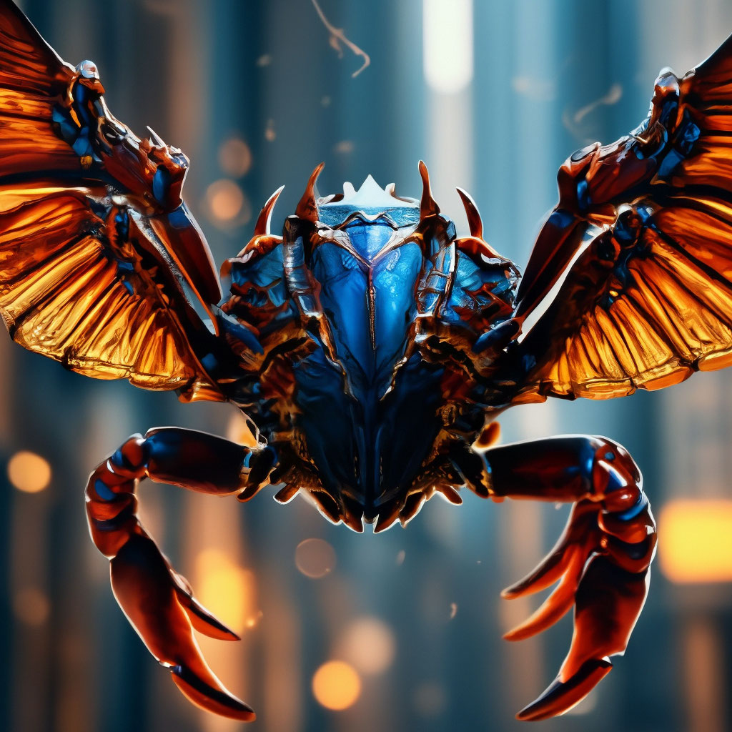 "Flying crab, with huge wings, luminous aura, clarity, rich color ...