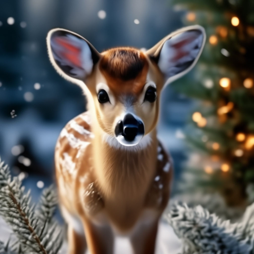 "Cute little fluffy fawn winter, Christmas trees frost, hyperrealism is ...
