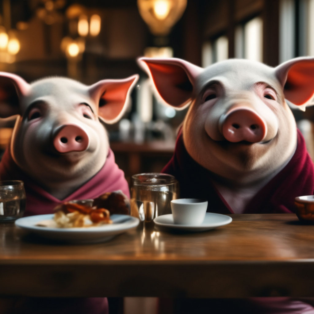 "Pig and pig sitting in a restaurant , realistic, beautiful, aesthetic ...