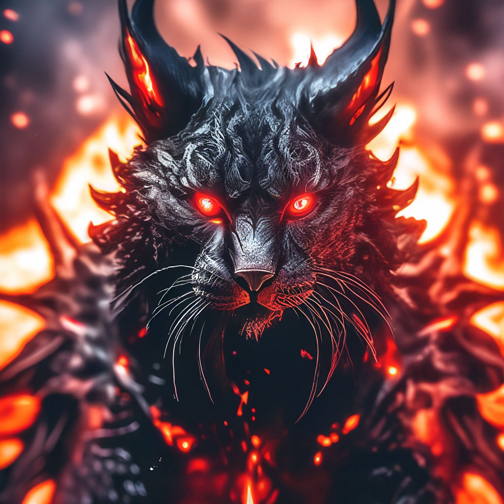 "Black lynx demon, huge horns, lava flowing down the coat, red demonic ...