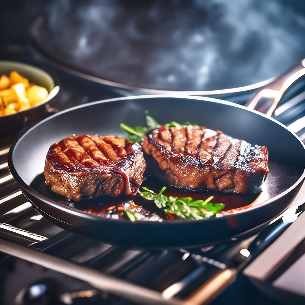 "Two juicy steaks in a frying pan in an oil pan, smoke, frame depth ...