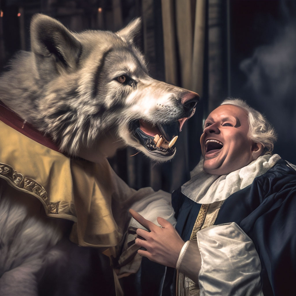 "A wolf named Mozart, a theatrical grotesque" — image created in Shedevrum