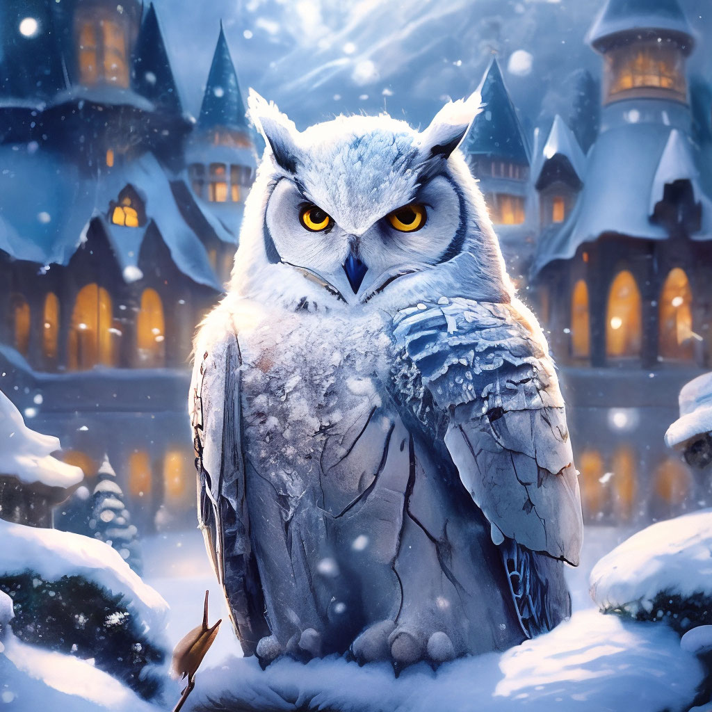 "Magic, snow-covered castle, owl, lots of snow" — image created in ...