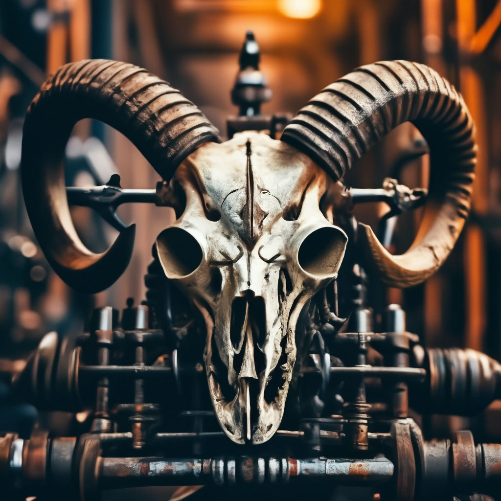 "Goat skull, steel horns, steam, rust, industrial style, minimalism ...