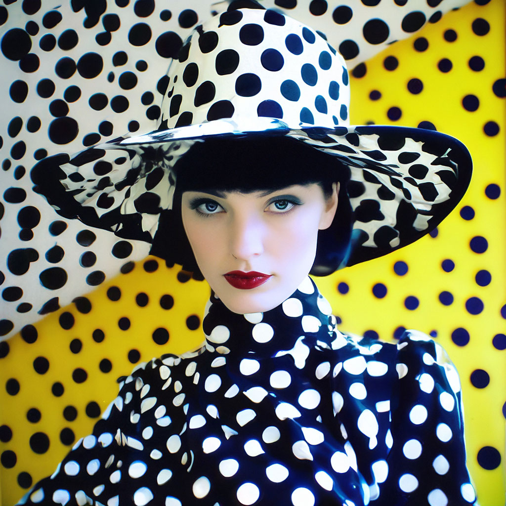 "A woman in a bright blouse and a wide-brimmed black and white hat with ...