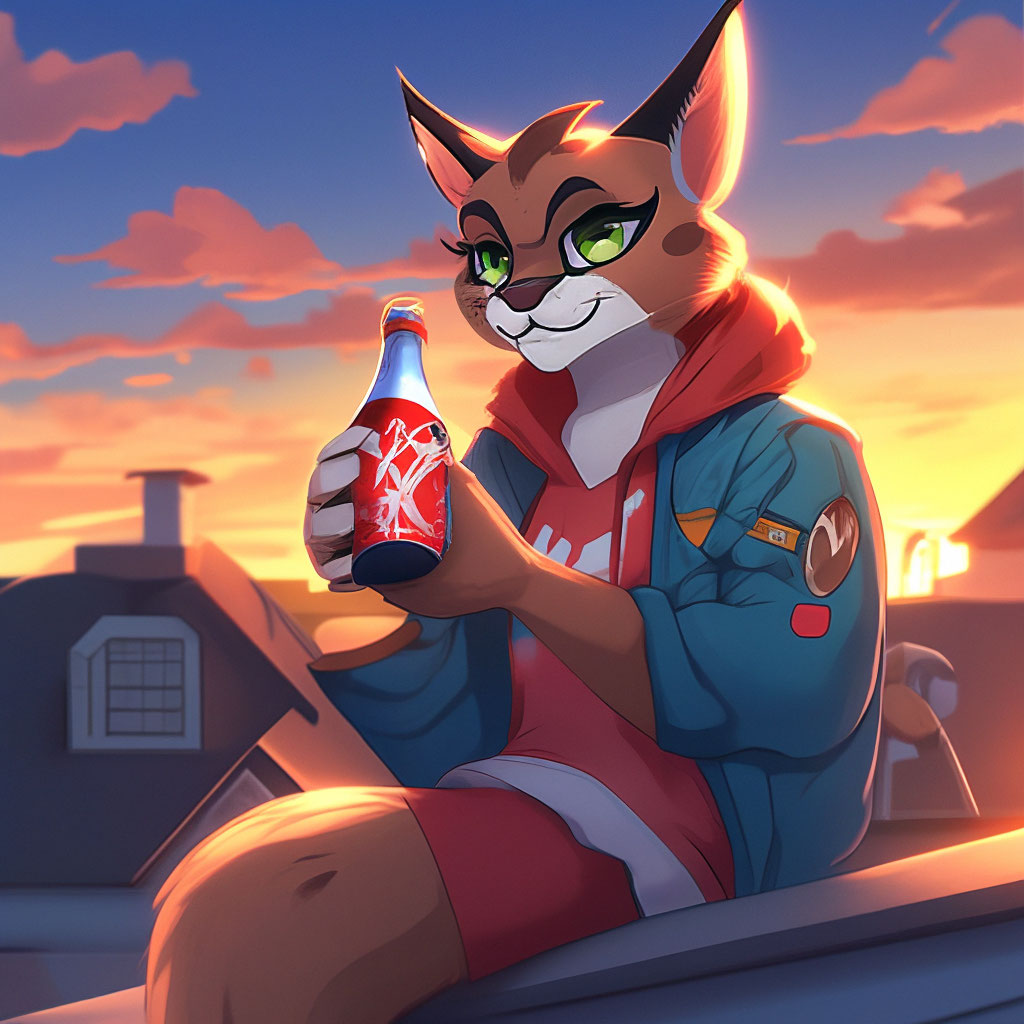 "Anthropomorphic caracal , furry , on the roof of the house , evening ...