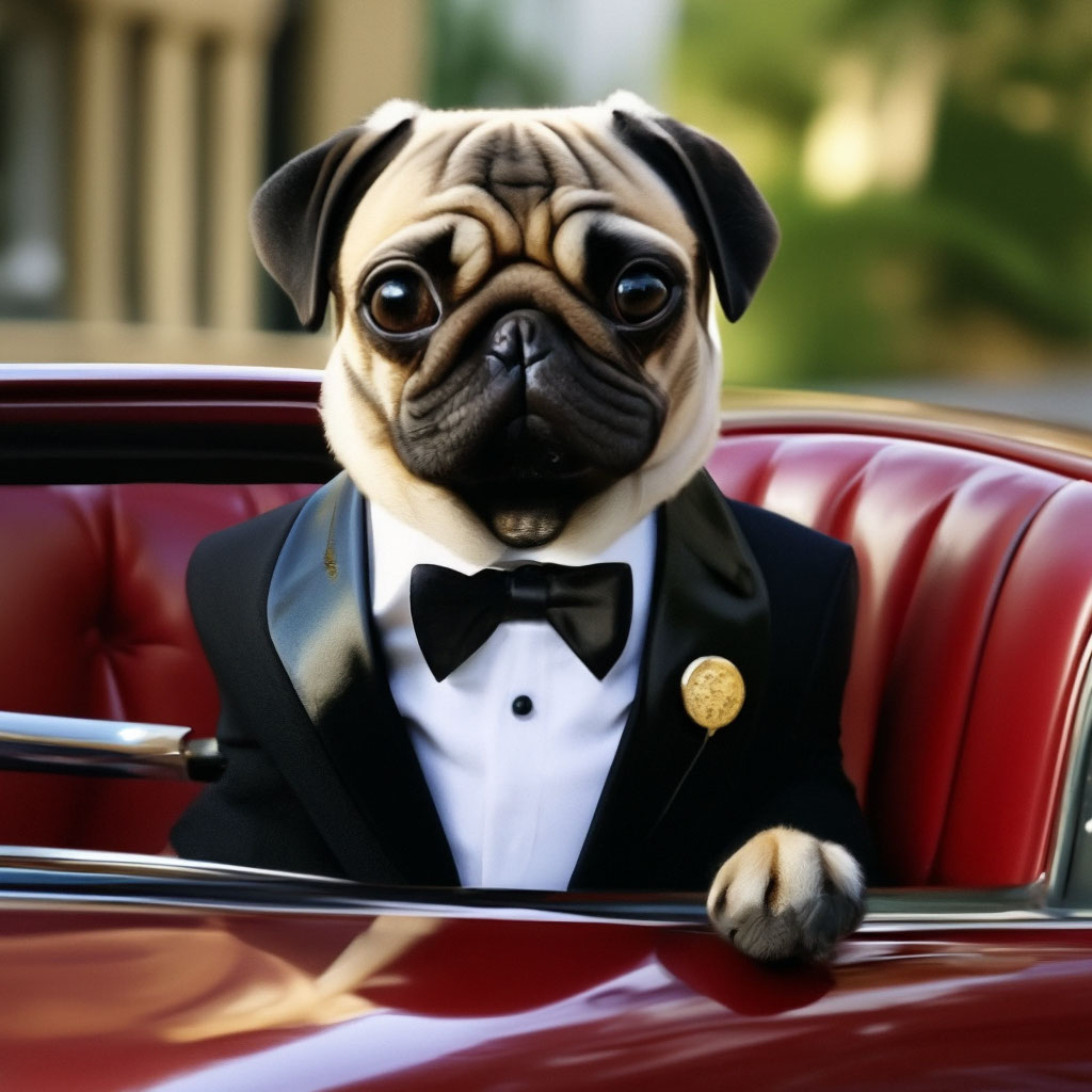 "Cool bug-eyed business pug in a tuxedo monocle, patent leather shoes ...