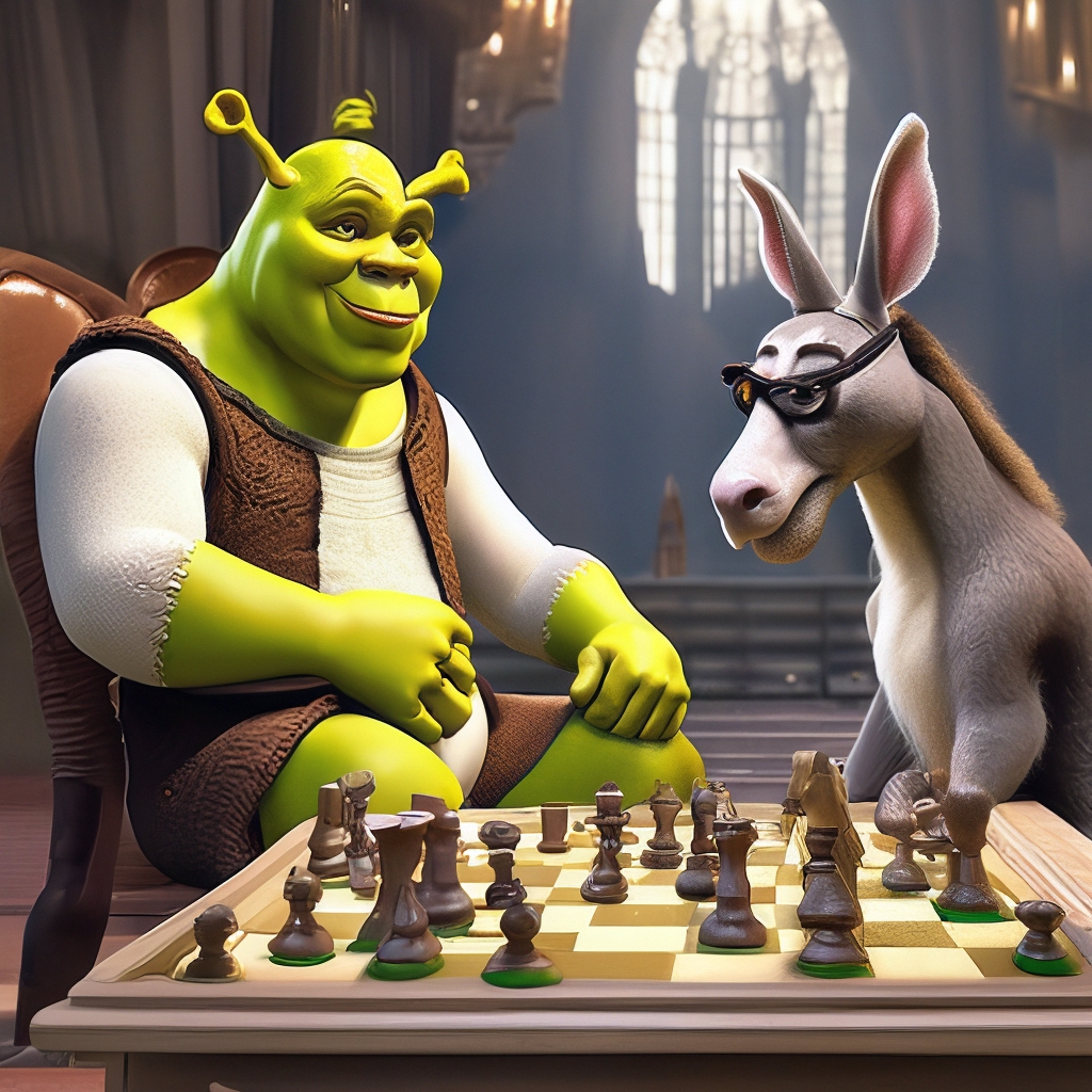 "Shrek is sitting on a chair playing chess with a talking donkey with ...