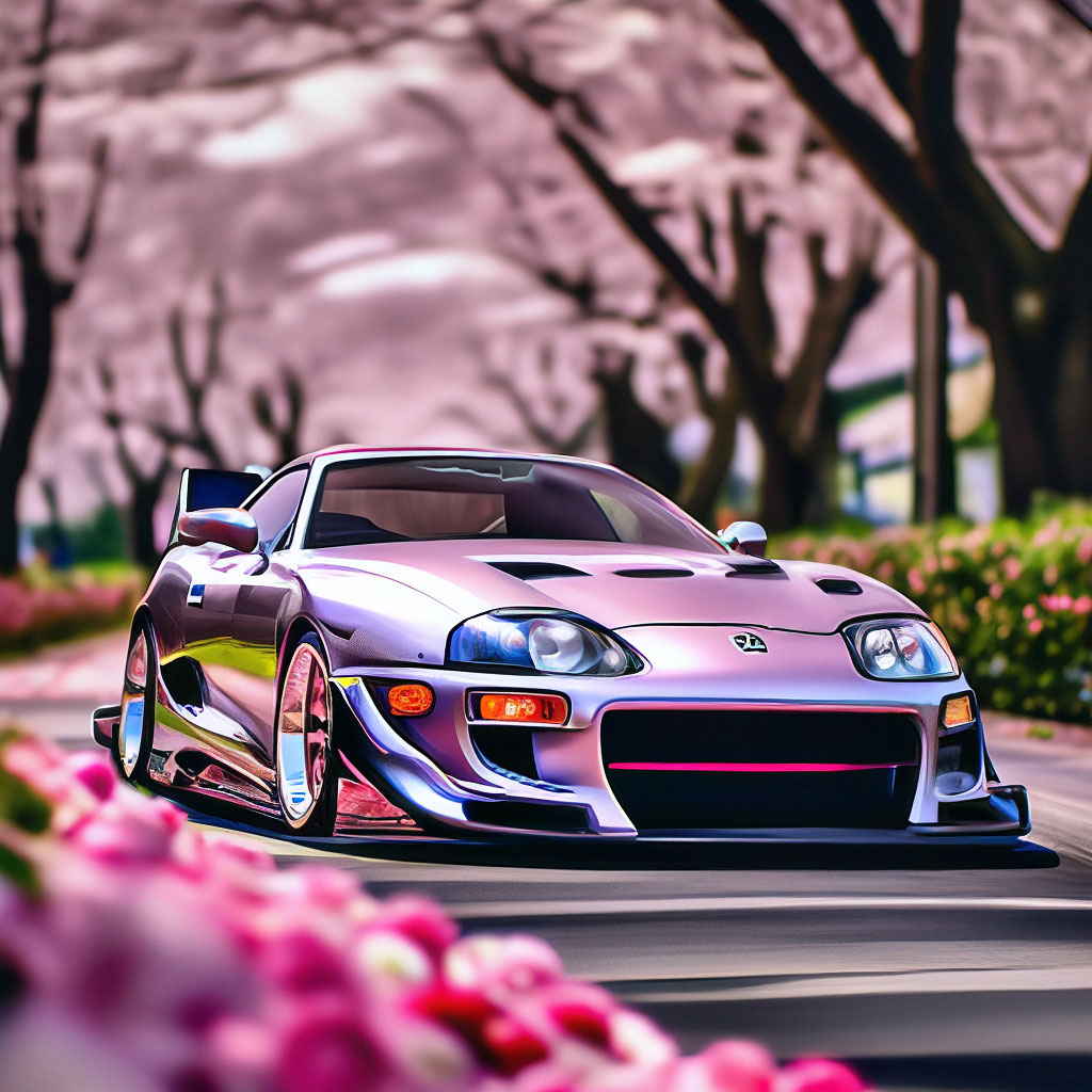 "Toyota supra in japan with rose trees" — image created in Shedevrum