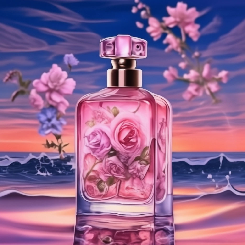 "Perfume advertising , perfume in a beautiful pink with patterns ...