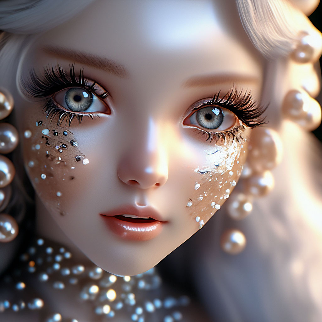 "Pearl girl with big pearl eyes, with very long and fluffy eyelashes ...
