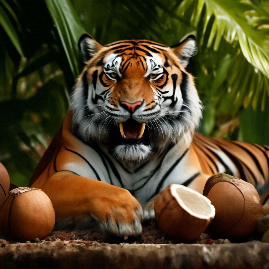 "The tiger lies and drinks cocoa with coconut, grinning" — image ...