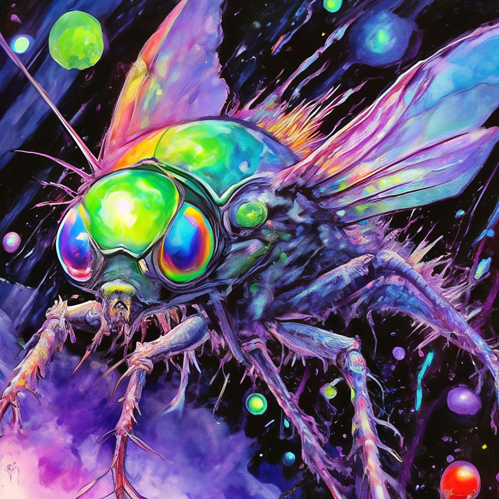 "Watercolor, color pencil, black outline, sci-fi fantasy, alien fly ...