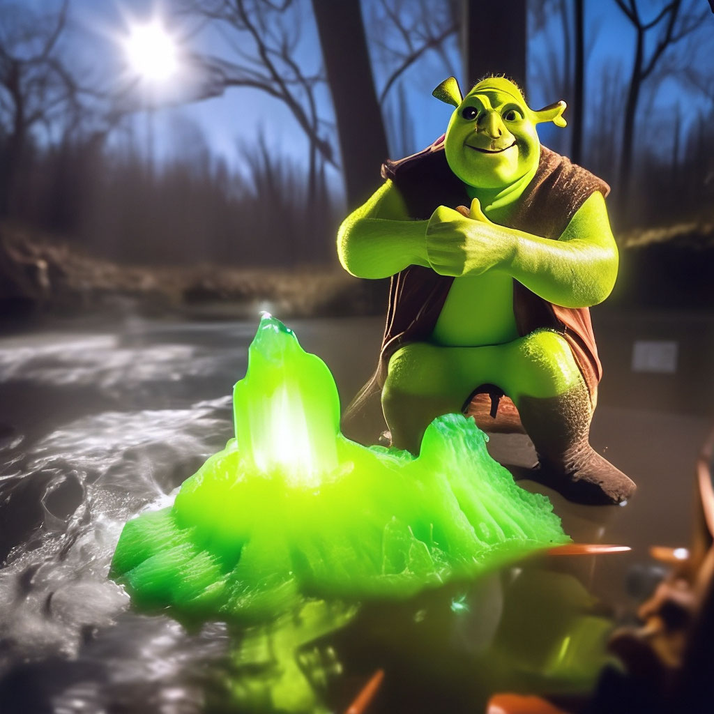 "Shrek makes skibidi slimes out of swamp slime" — image created in ...