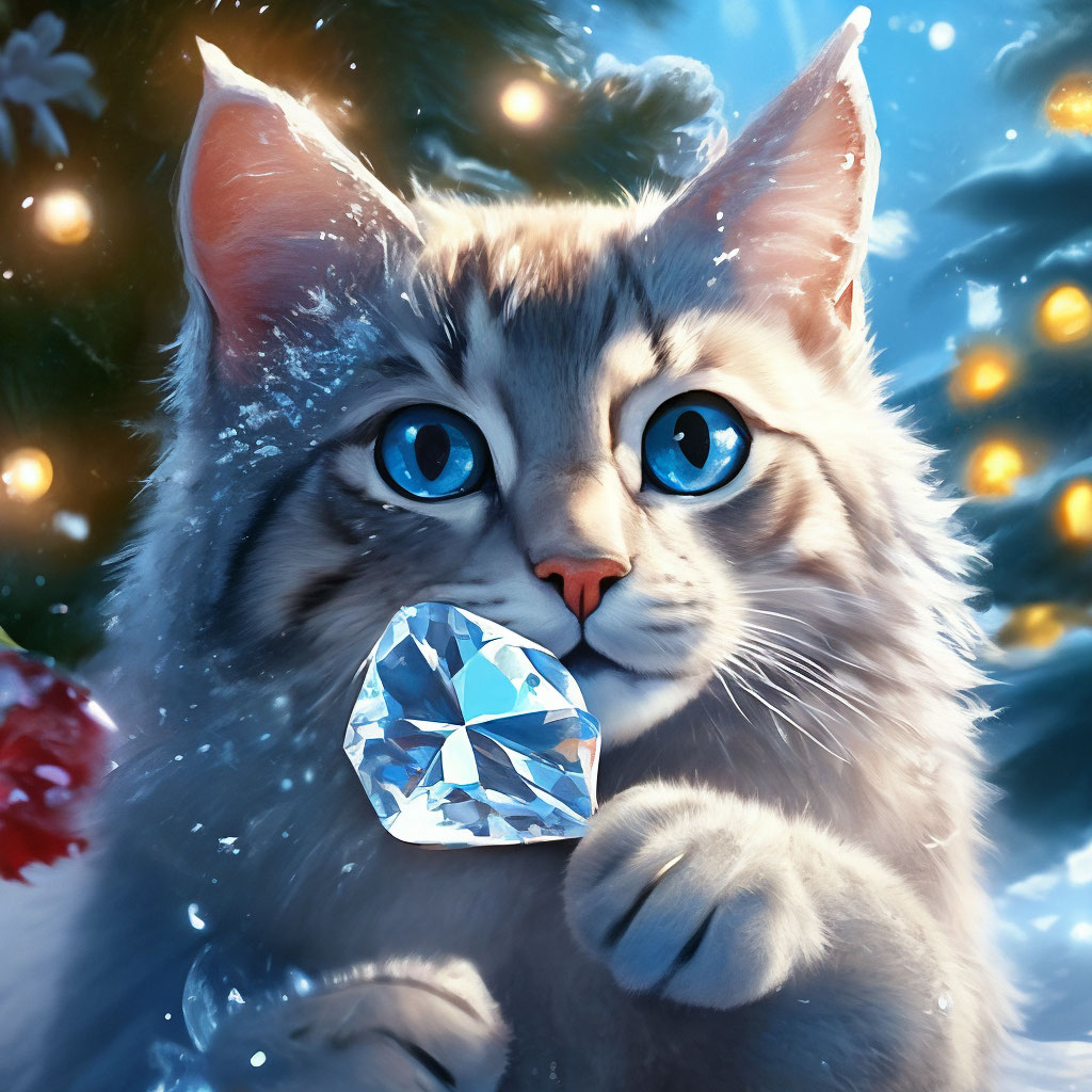 "Hyperrealism, Maikun cat, big eyes, holding a diamond crystal in his ...