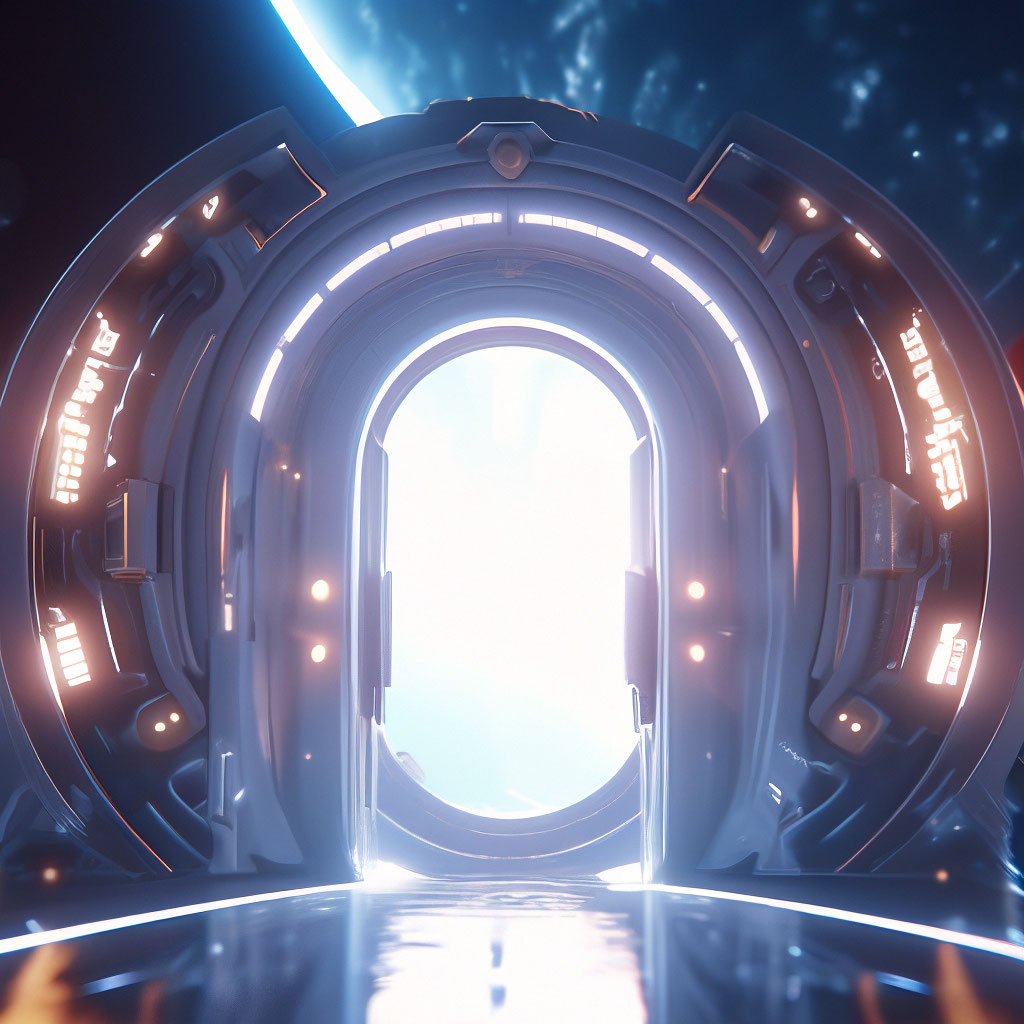 "A closed door in the cosmic void, 4k, bright light, details, white ...