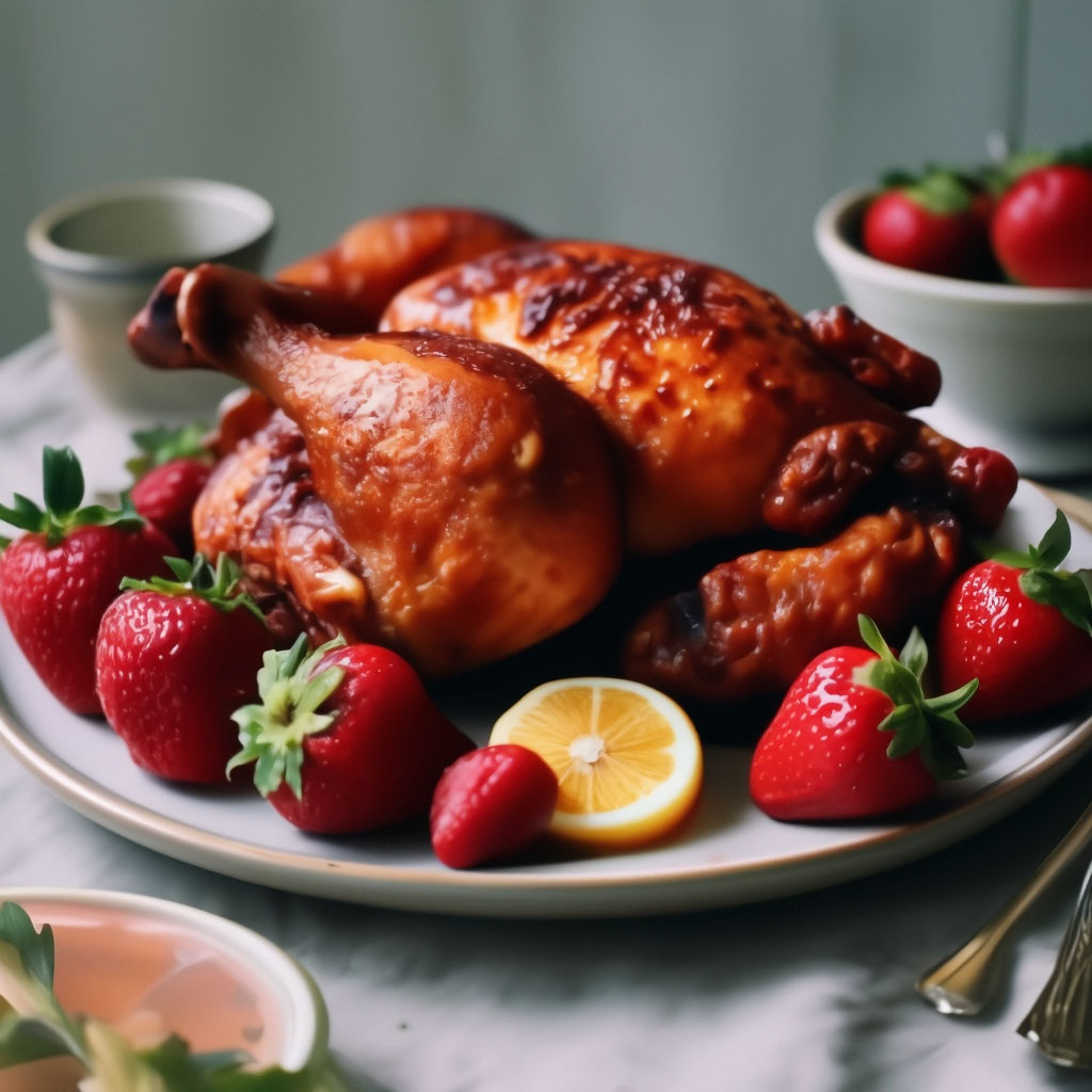 "The style of Ghibli. Fried chicken. Roast pig. strawberry. fruits ...