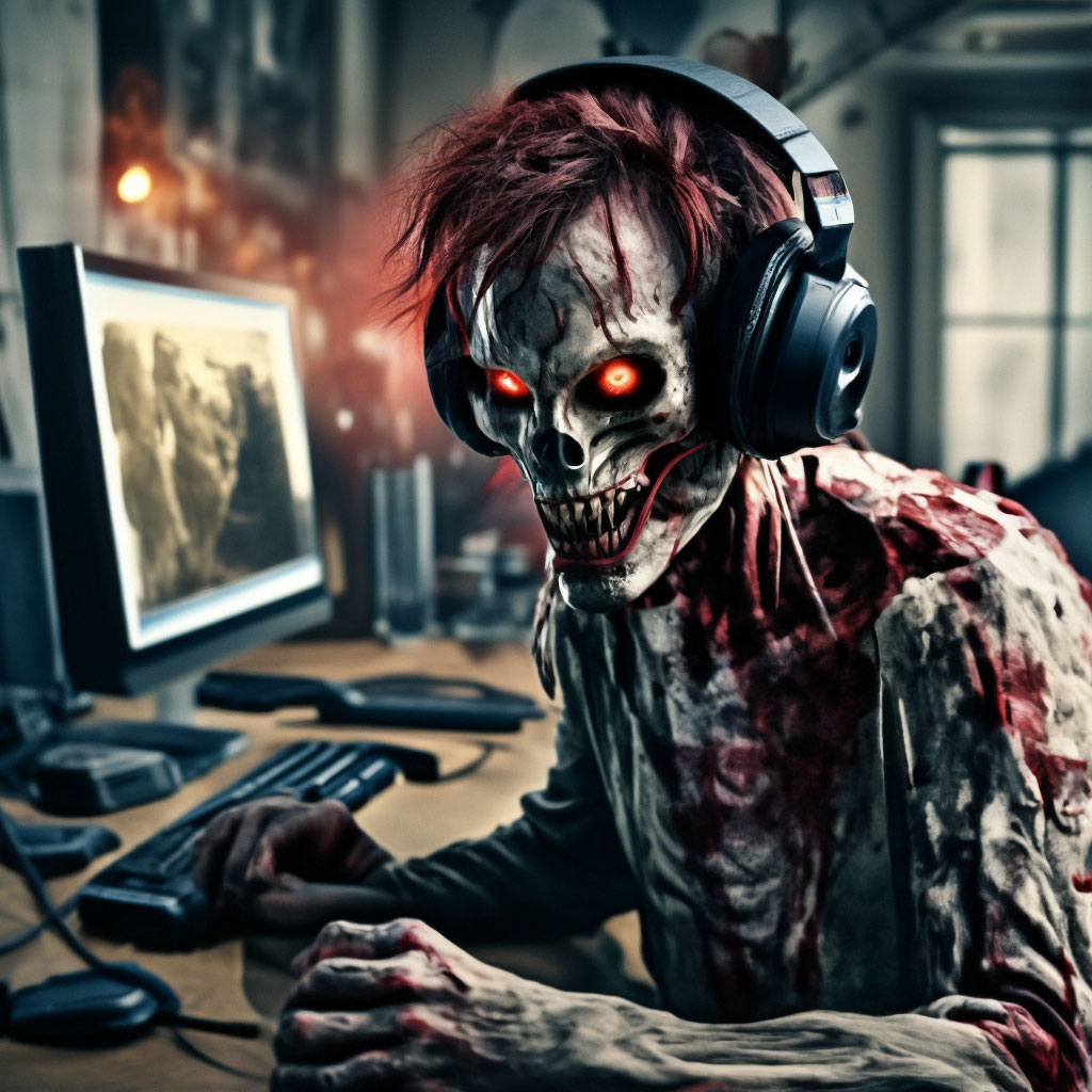 "Zombies wearing headphones at the computer" — image created in Shedevrum