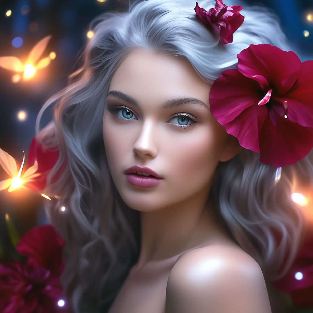 "Hibiscus burgundy, fireflies. Delicate beautiful girl complex ...