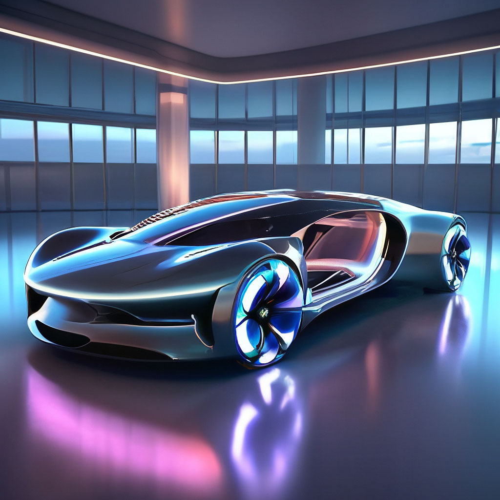 "Create an image of a utilitarian car of the future with a calm ...
