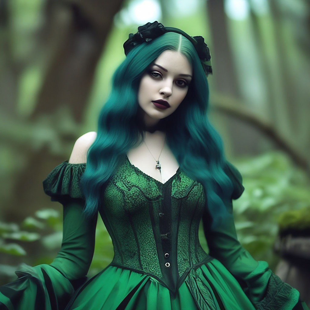 "Beautiful goth girl in a green dress staged photo" — image created in ...
