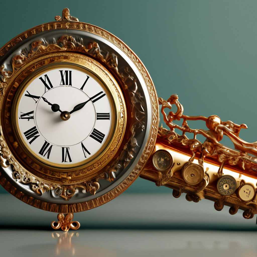 "Flute-shaped CLOCK, metamorphosis, color balance,silver, gold copper ...