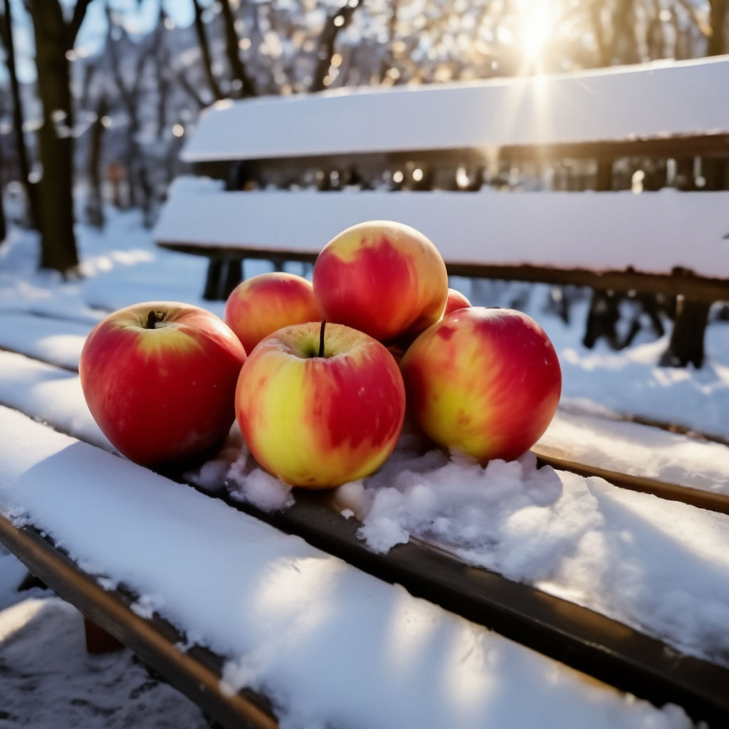 "Apples Snow on the bench, sunny winter weather. apples are lying on a ...