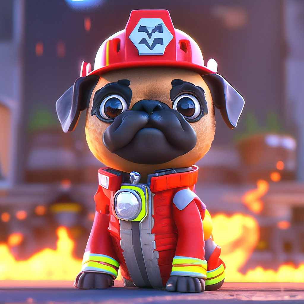 "Mega cute pug fireman, Pixar art, 4k, ISO 100," — image created in ...