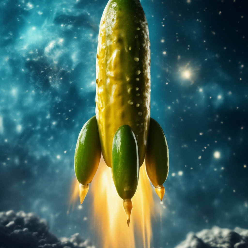 "A pickled cucumber in the form of a rocket is flying in space ...