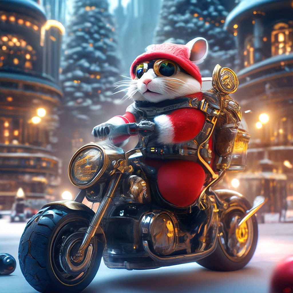 "A hamster on an epic red motorcycle made of nuts, a cheerful fluffy ...
