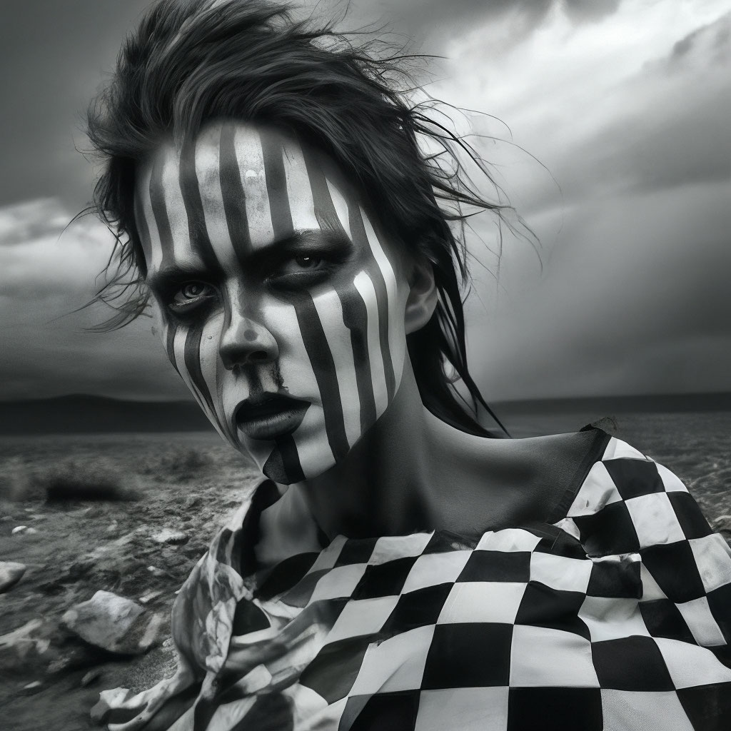 "Black and white checkered face" — image created in Shedevrum