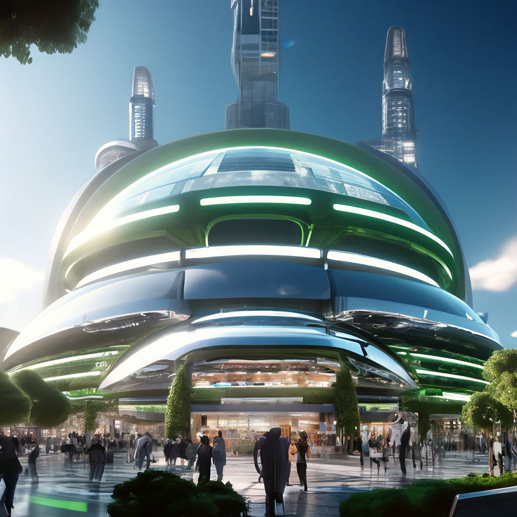 "A huge giant futuristic hypermarket of the future with a large dome ...