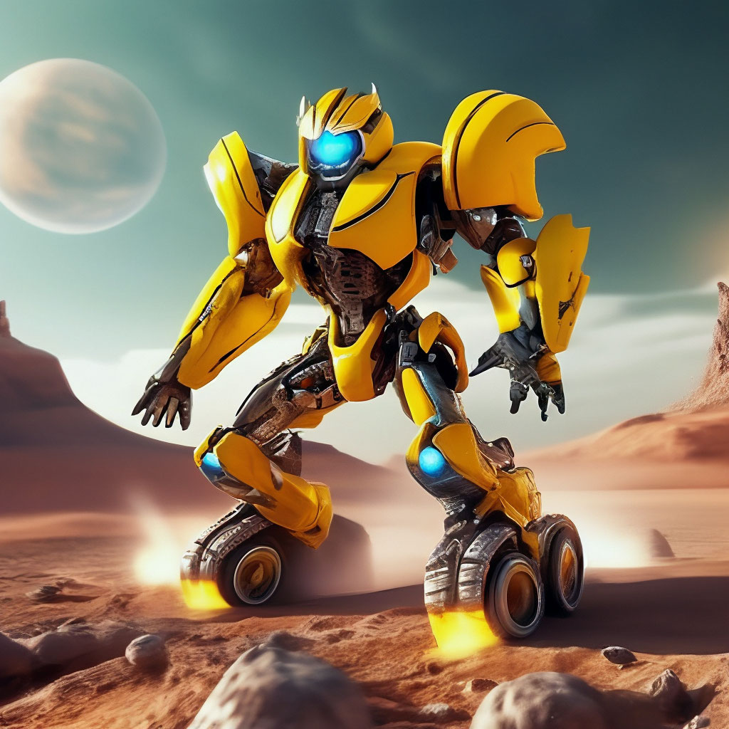 "A small yellow transformer robot on wheels, with an energy cannon on ...