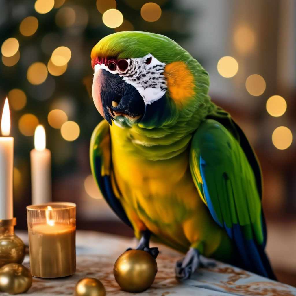"A parrot is sitting at the New Year's table" — image created in Shedevrum