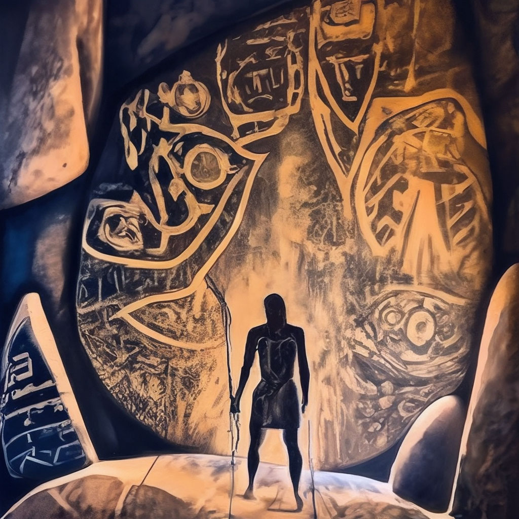 "A man in the style of petroglyphs, primitive cave rock paintings ...
