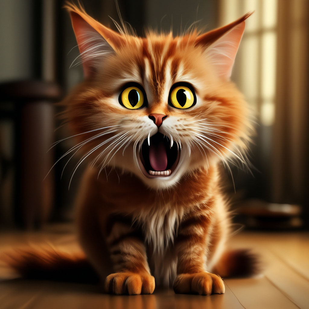 "Funny scared cat, cartoon realism style" — image created in Shedevrum