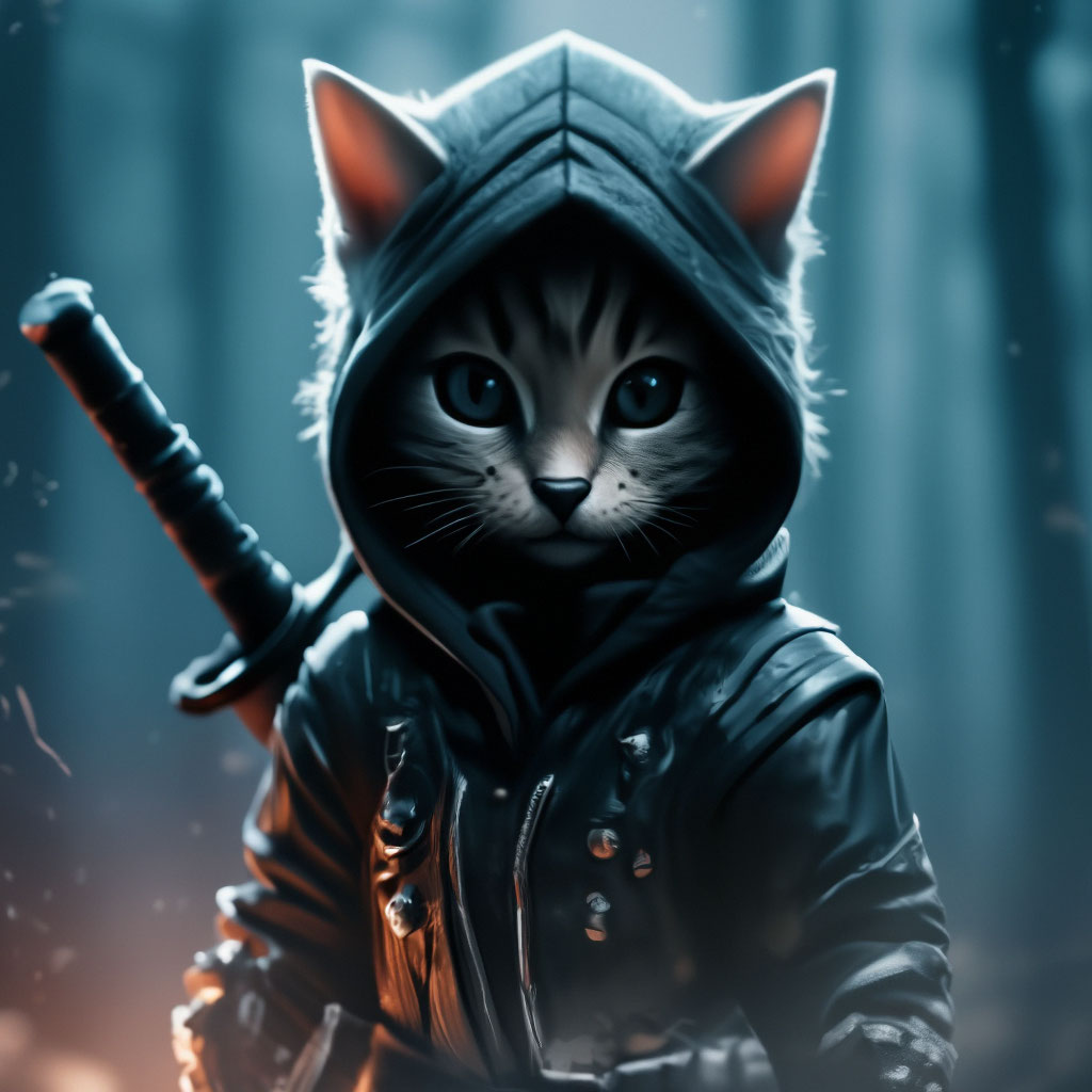 "Anthropomorphic kitten assassin,cute fluffy,menacing,fog, cosmic sky ...