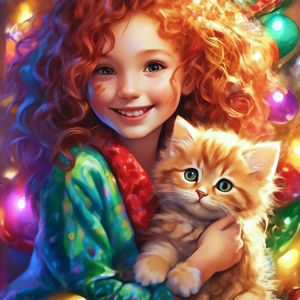 "A rainbow fluffy kitten is sitting on the hands of a curly girl, long ...
