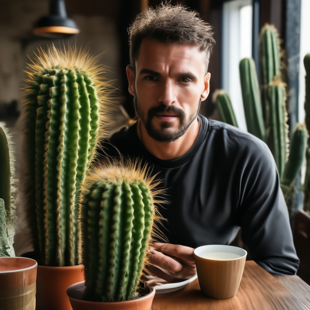 "A man eats a cactus for breakfast" — image created in Shedevrum