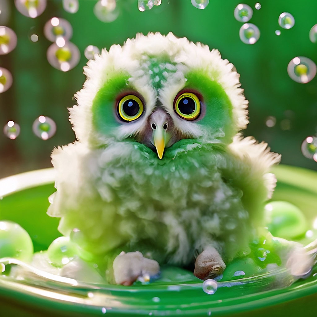 "Realistic tiny fluffy baby of a light gently green owl, sitting in a ...
