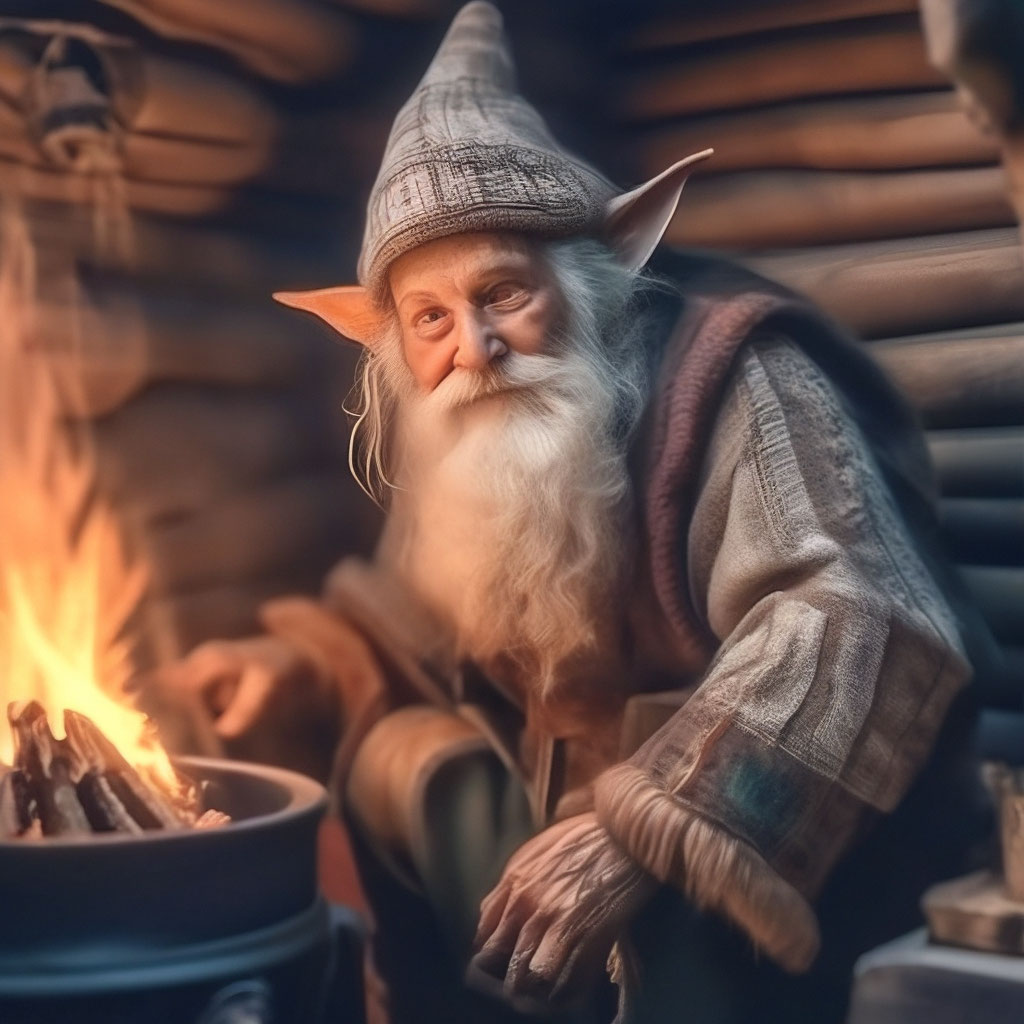 "Goblin. a little old man, in a Russian hut behind a stove in a lapta ...