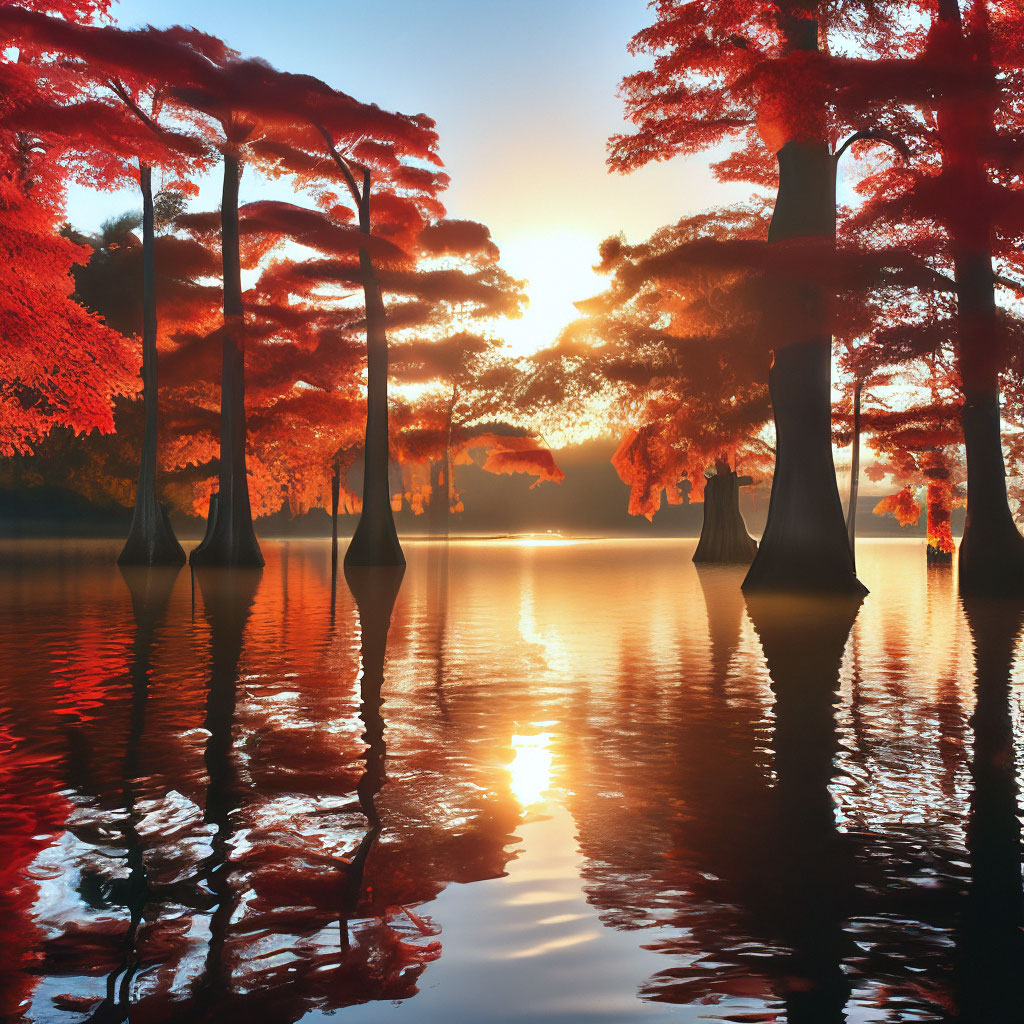 "Real cypress lake "sukko". crimson autumn. the sun's rays ...