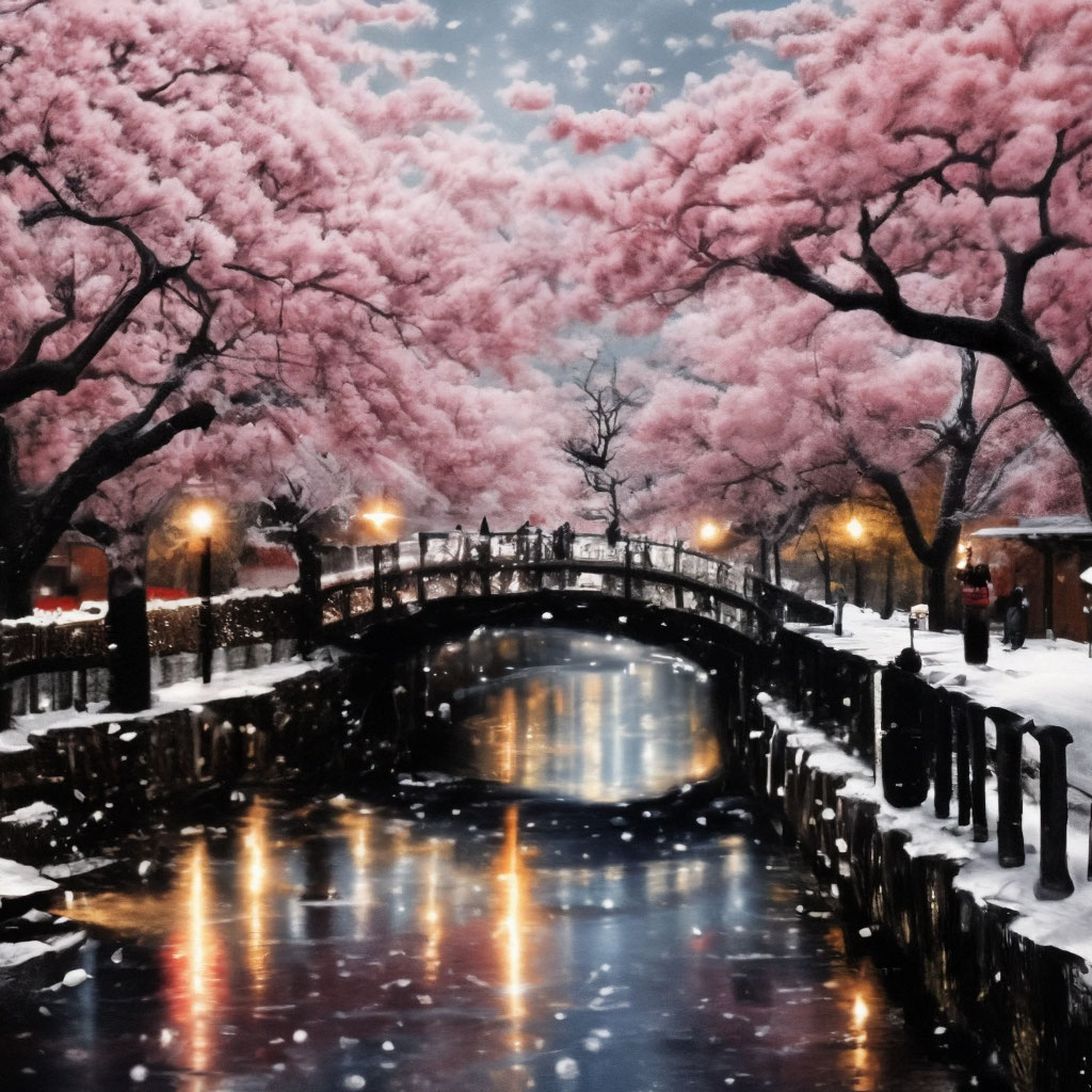 "Sakura under the shiny snow" — image created in Shedevrum
