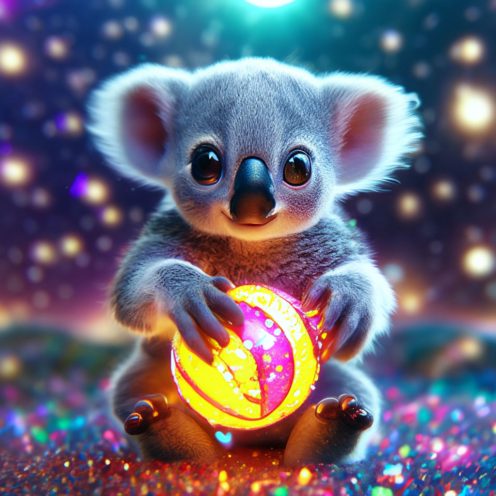 "Little tiny baby koala holding a ball, northern lights, starfall ...