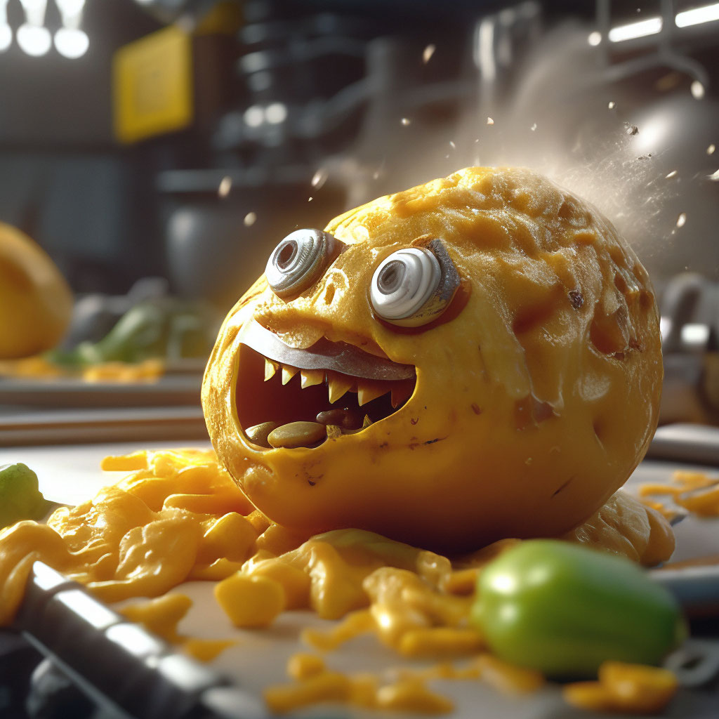 "Frenzied potato spreads vegetables, horror style, hyperrealism ...