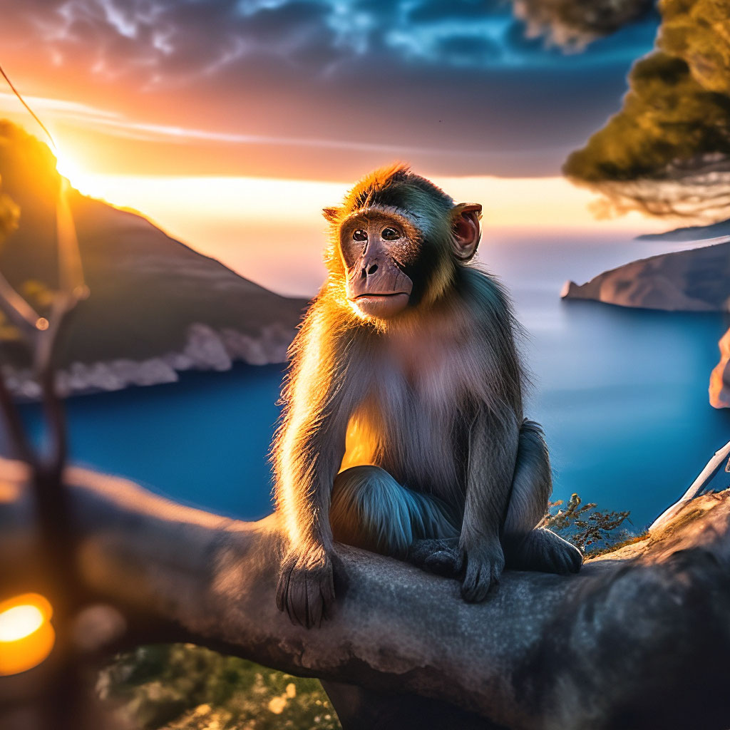 "Fabulous landscape sea mountains forest sunset, sea, monkey sitting ...