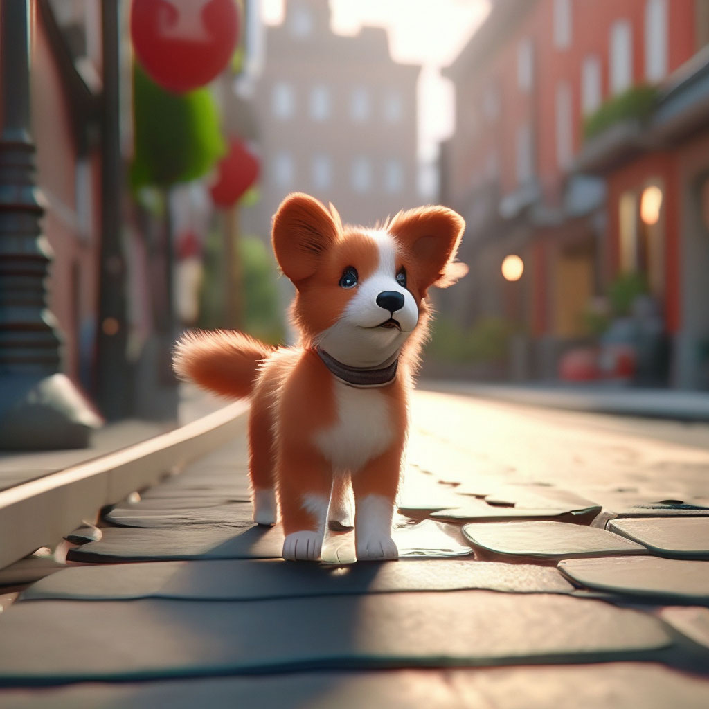 "Cute little red dog walking on the street" — image created in Shedevrum