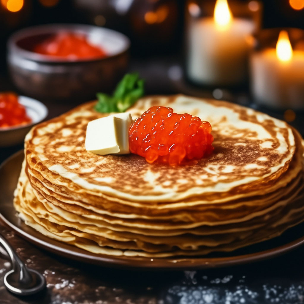 "Thin lace pancakes with butter and red caviar on a beautiful set ...